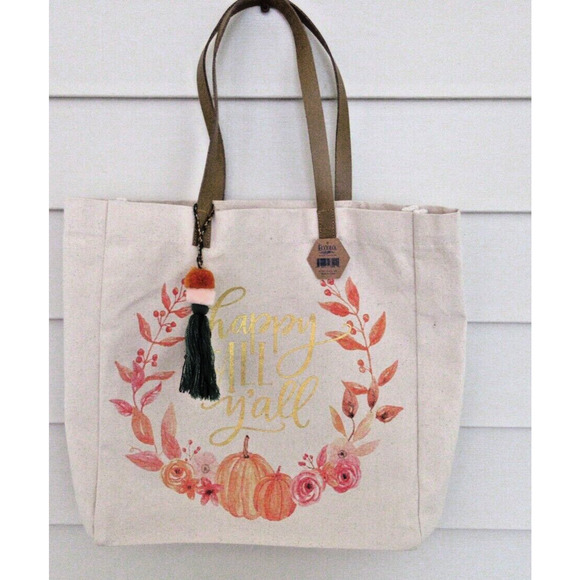 Eccolo | Bags | Eccolo Canvas Pom Pom Tote Leather Straps Happy Fall ...